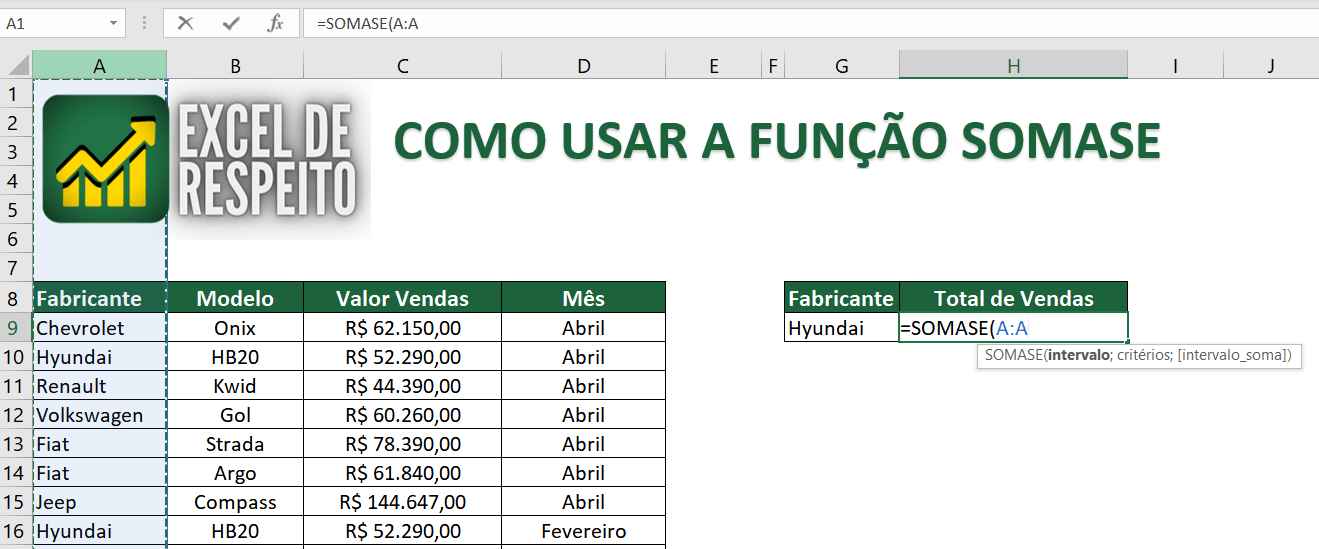 Como usar a função SOMASE no Excel - passo a passo - Excel de Respeito